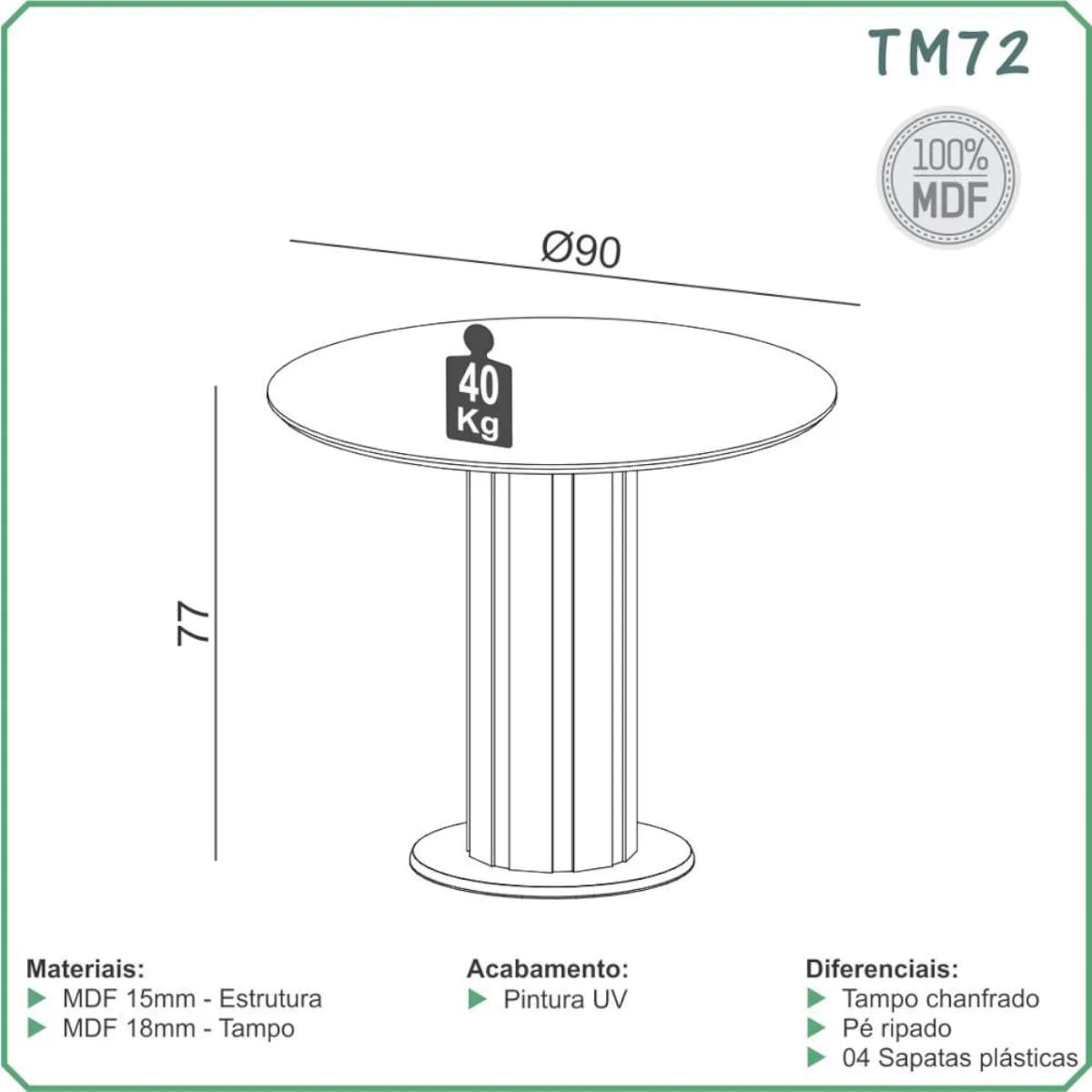 Mesa Redonda 90cm em MDF com Pés Ripados Off White Brilho e Freijó ...