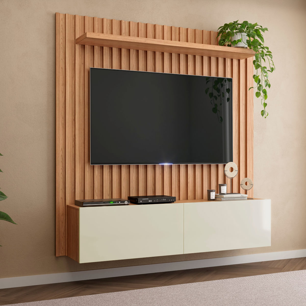 Painel Suspenso Ripado em MDF 178cm com 2 Portas Basculante Freijó/Off ...