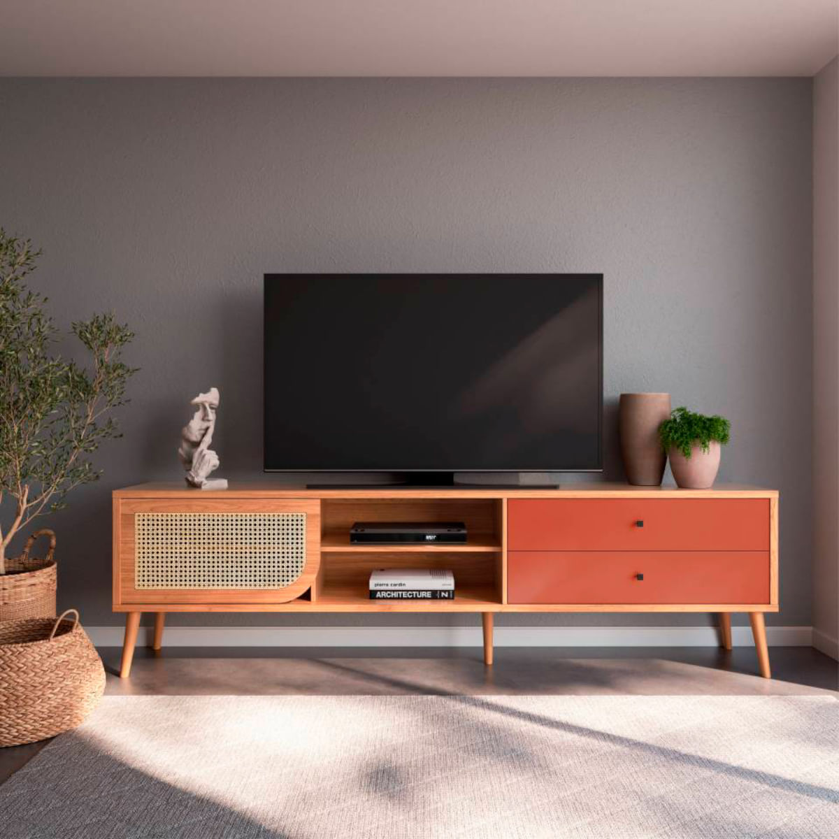 Rack Tela para TV em MDF 220 cm com 2 Gavetas e Porta de Correr Freijó ...