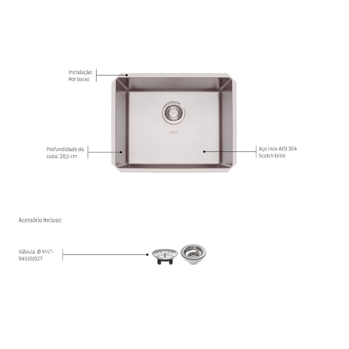 Cuba Quadrum 50 U Undermount Tramontina 50x40x 20 cm em Aço Inox ...