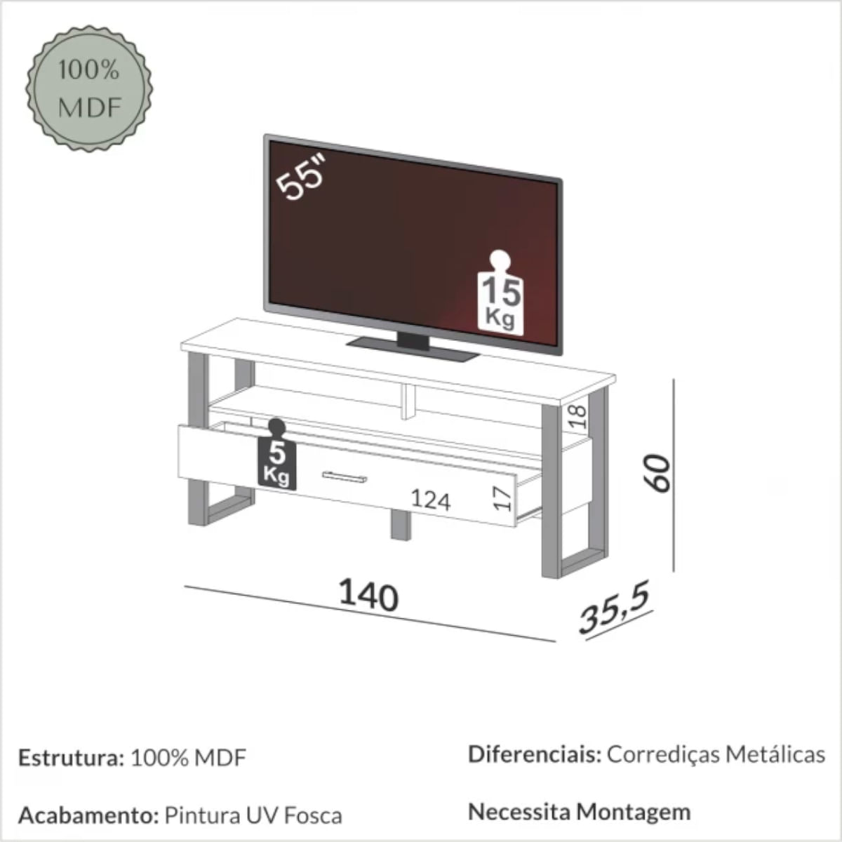 Rack para TV Até 55 Polegadas em MDF 140 cm 1 Gaveta Freijó Preto Dalla ...