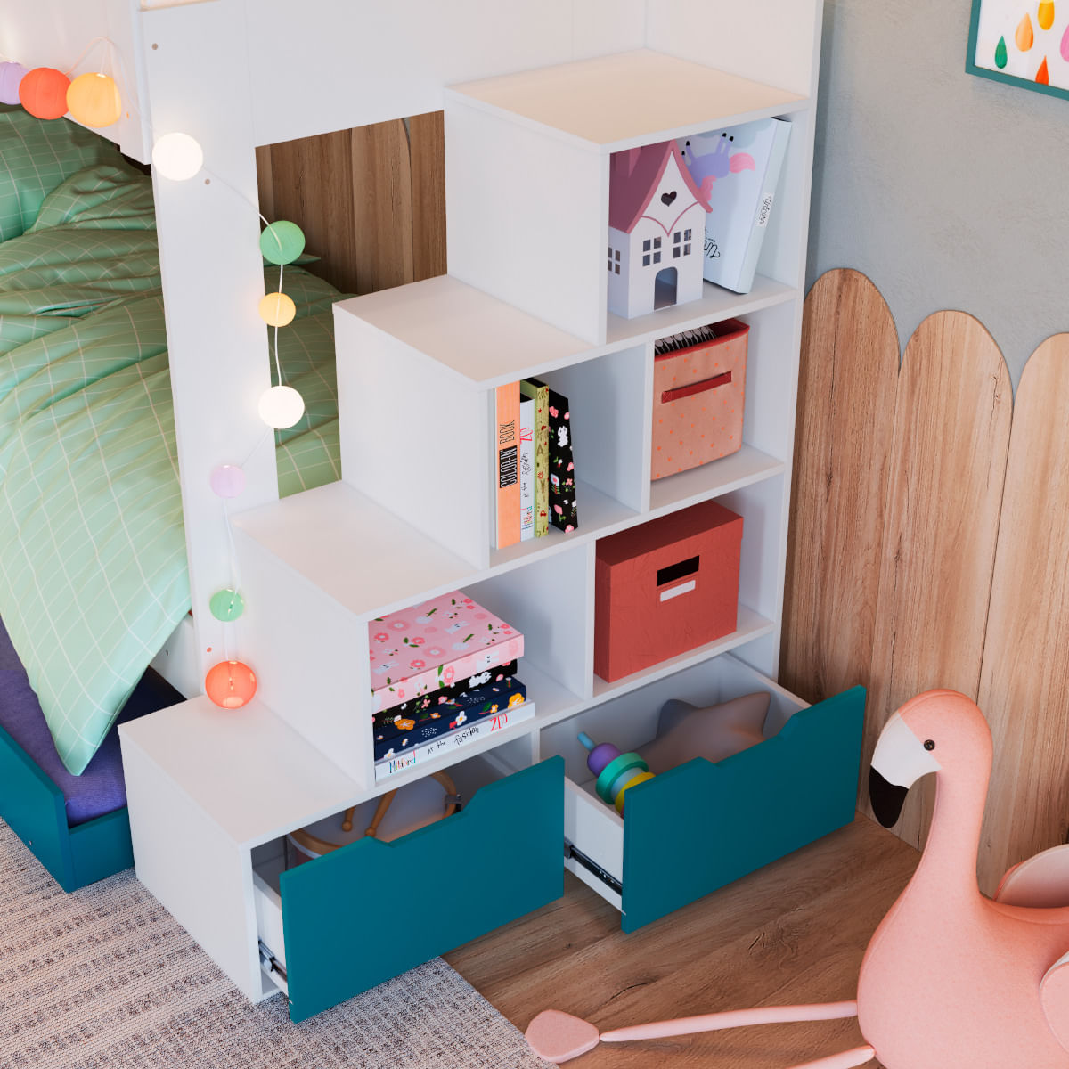 Treliche Infantil Branco e Azul com Escada e Gavetas